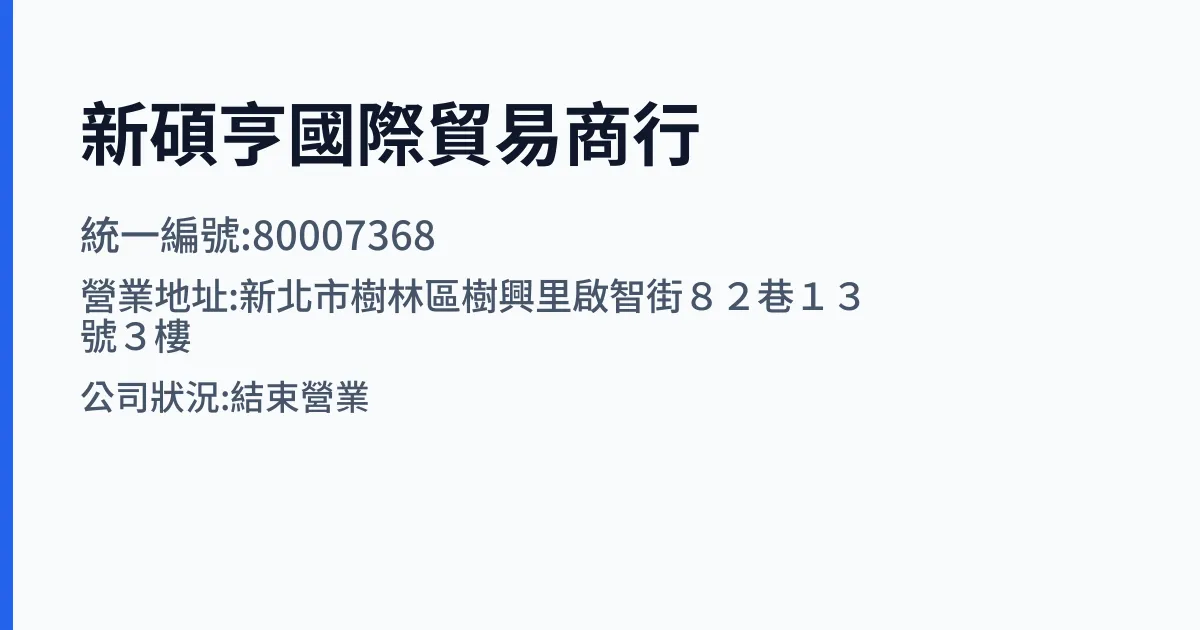 新碩亨國際貿易商行 - 統編 80007368(新北市) 公司登記資料與營業項目詳細圖表