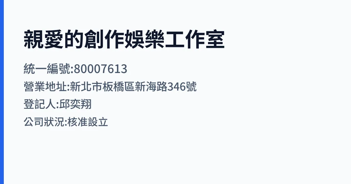 親愛的創作娛樂工作室 - 統編 80007613(新北市) 公司登記資料與營業項目詳細圖表