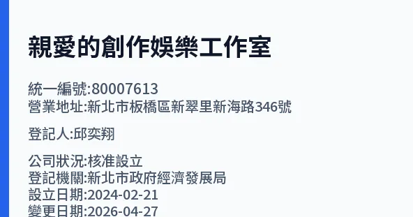 親愛的創作娛樂工作室的照片-統編 80007613(新北市) 公司登記資料與營業項目詳細圖表