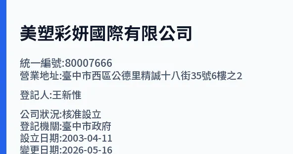 美塑彩妍國際有限公司的照片-統編 80007666(臺中市) 公司登記資料與營業項目詳細圖表