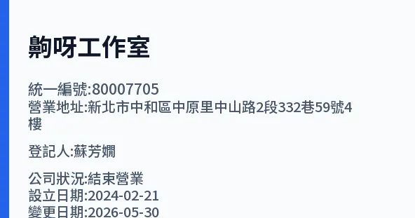 齁呀工作室的照片-統編 80007705(新北市) 公司登記資料與營業項目詳細圖表