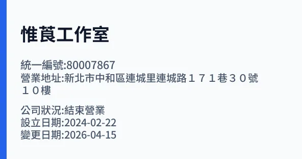 惟莨工作室的照片-統編 80007867(新北市) 公司登記資料與營業項目詳細圖表