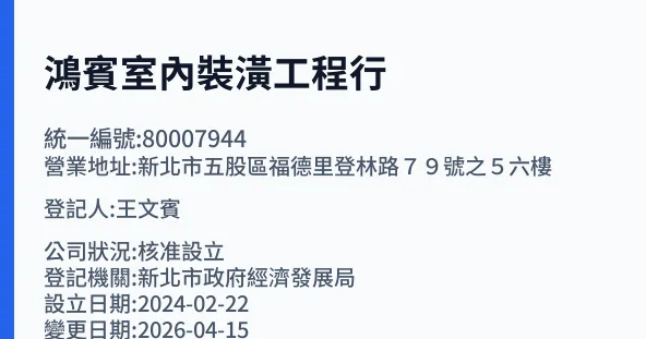 鴻賓室內裝潢工程行的照片-統編 80007944(新北市) 公司登記資料與營業項目詳細圖表