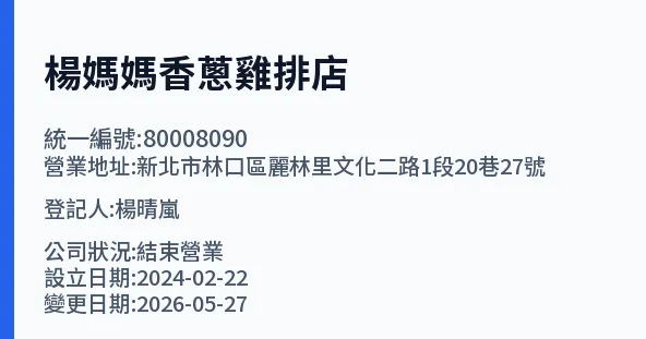楊媽媽香蔥雞排店的照片-統編 80008090(新北市) 公司登記資料與營業項目詳細圖表