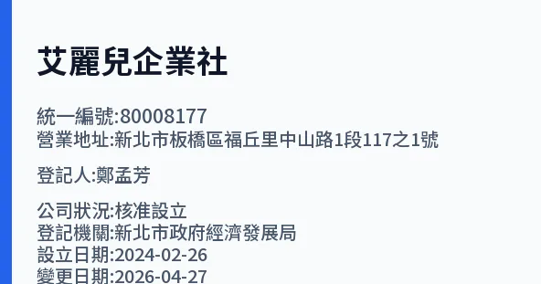 艾麗兒企業社的照片-統編 80008177(新北市) 公司登記資料與營業項目詳細圖表