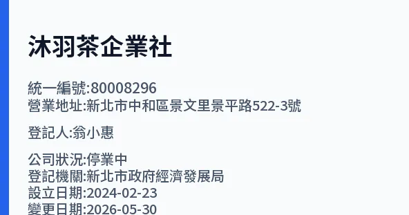 沐羽茶企業社的照片-統編 80008296(新北市) 公司登記資料與營業項目詳細圖表