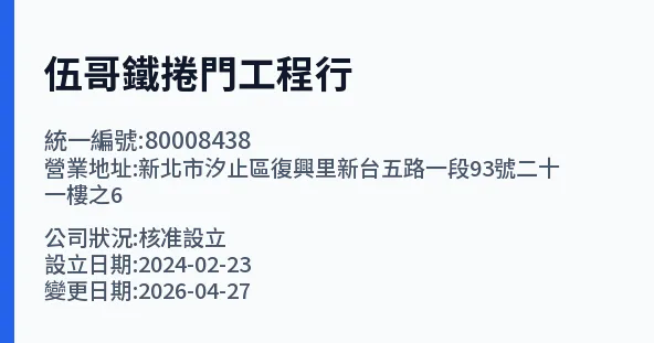 伍哥鐵捲門工程行的照片-統編 80008438(新北市) 公司登記資料與營業項目詳細圖表