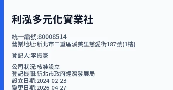 利泓多元化實業社的照片-統編 80008514(新北市) 公司登記資料與營業項目詳細圖表