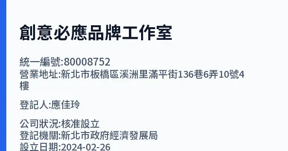 創意必應品牌工作室的照片-統編 80008752(新北市) 公司登記資料與營業項目詳細圖表