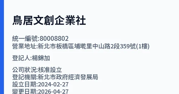 鳥居文創企業社的照片-統編 80008802(新北市) 公司登記資料與營業項目詳細圖表