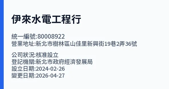 伊來水電工程行的照片-統編 80008922(新北市) 公司登記資料與營業項目詳細圖表