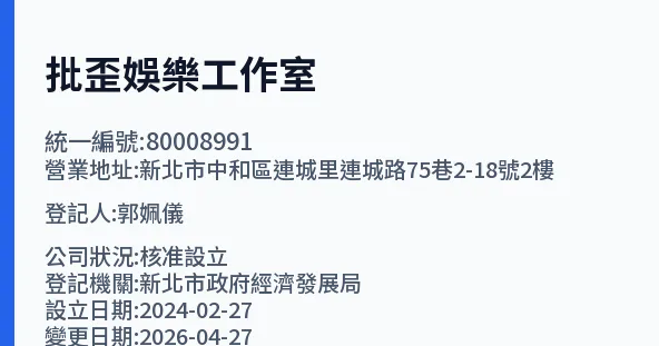 批歪娛樂工作室的照片-統編 80008991(新北市) 公司登記資料與營業項目詳細圖表
