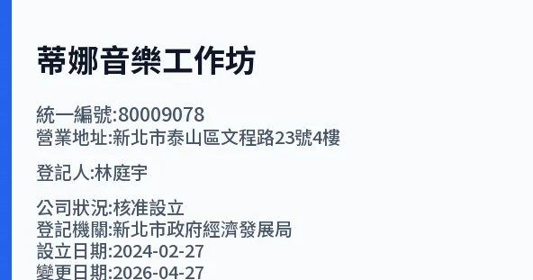 蒂娜音樂工作坊的照片-統編 80009078(新北市) 公司登記資料與營業項目詳細圖表