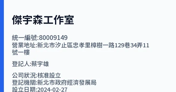 傑宇森工作室的照片-統編 80009149(新北市) 公司登記資料與營業項目詳細圖表