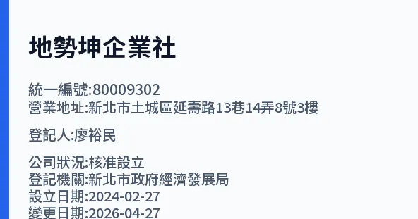 地勢坤企業社的照片-統編 80009302(新北市) 公司登記資料與營業項目詳細圖表