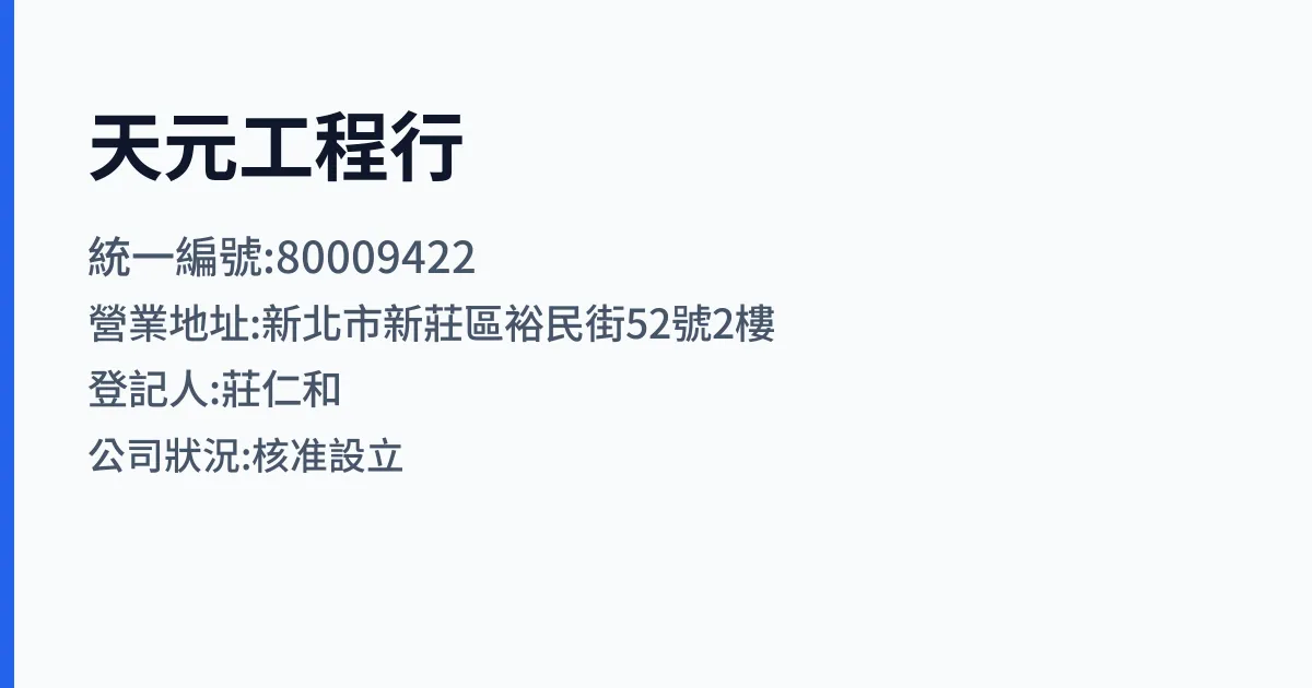 天元工程行 - 統編 80009422(新北市) 公司登記資料與營業項目詳細圖表
