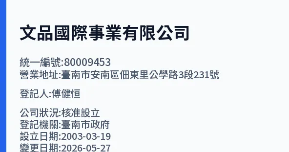 文品國際事業有限公司的照片-統編 80009453(臺南市) 公司登記資料與營業項目詳細圖表