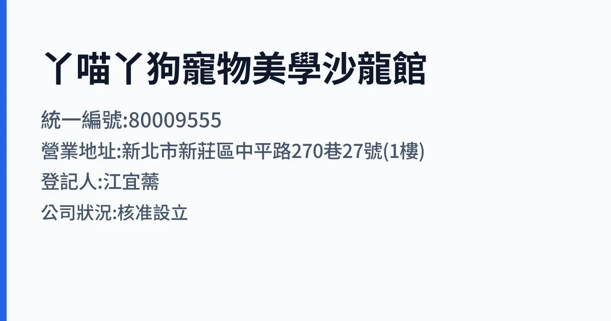 丫喵丫狗寵物美學沙龍館 - 統編 80009555（新北市） 公司登記資料與營業項目詳細圖表