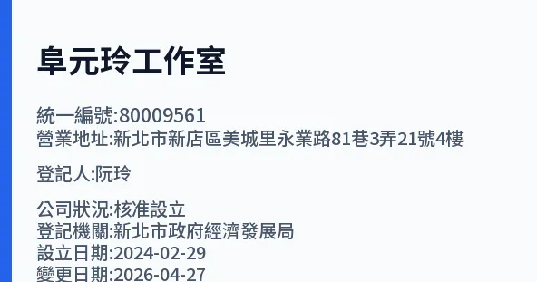 阜元玲工作室的照片-統編 80009561(新北市) 公司登記資料與營業項目詳細圖表