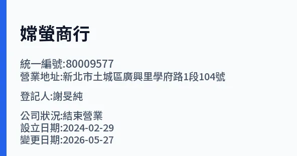 嫦螢商行的照片-統編 80009577(新北市) 公司登記資料與營業項目詳細圖表