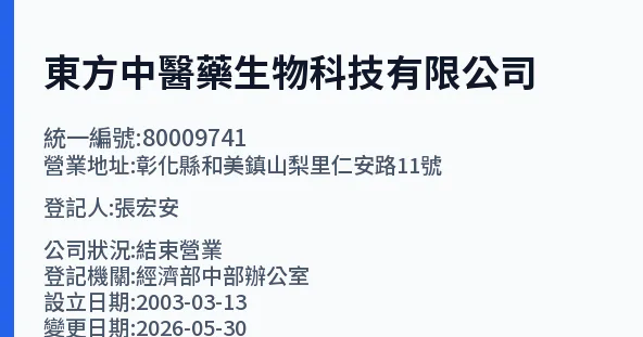 東方中醫藥生物科技有限公司的照片-統編 80009741(彰化縣) 公司登記資料與營業項目詳細圖表