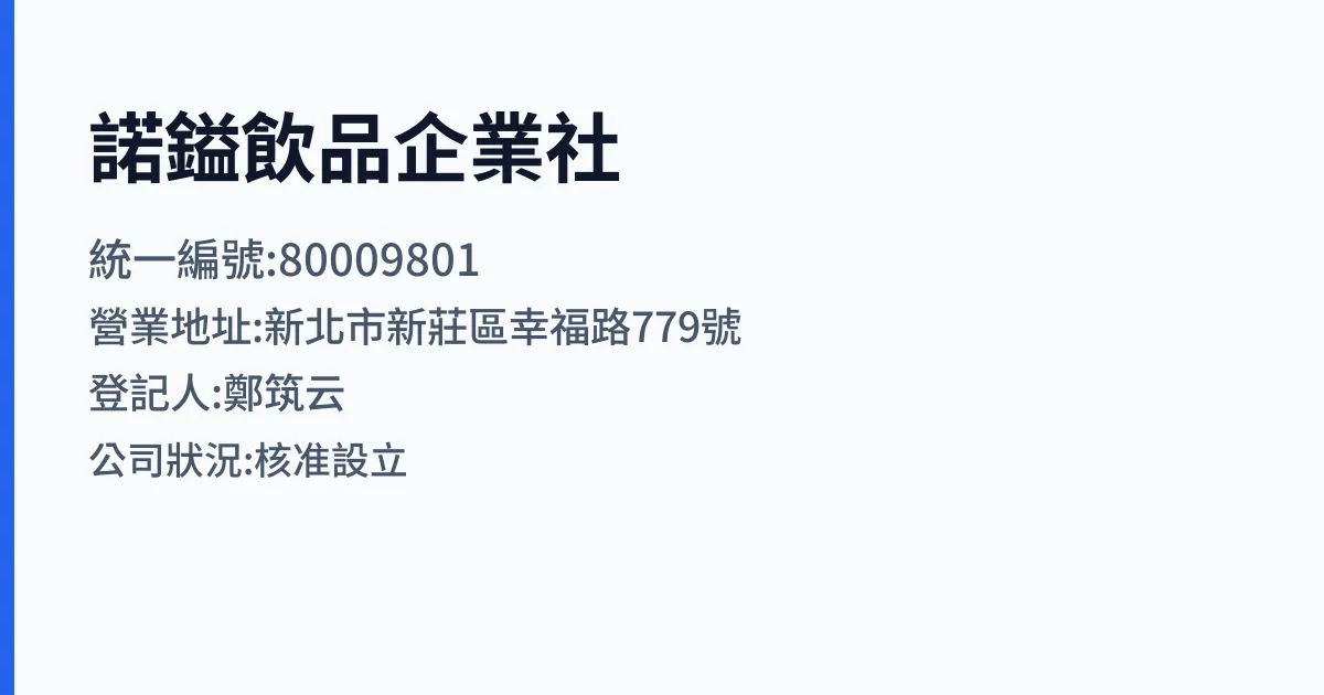 諾鎰飲品企業社 - 統編 80009801(新北市) 公司登記資料與營業項目詳細圖表