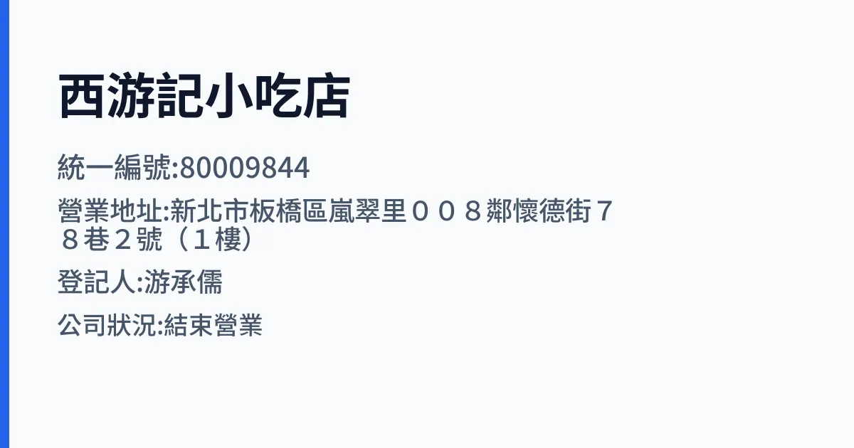 西游記小吃店 - 統編 80009844(新北市) 公司登記資料與營業項目詳細圖表