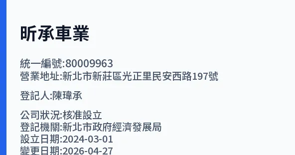 昕承車業的照片-統編 80009963(新北市) 公司登記資料與營業項目詳細圖表