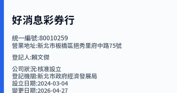 好消息彩券行的照片-統編 80010259(新北市) 公司登記資料與營業項目詳細圖表