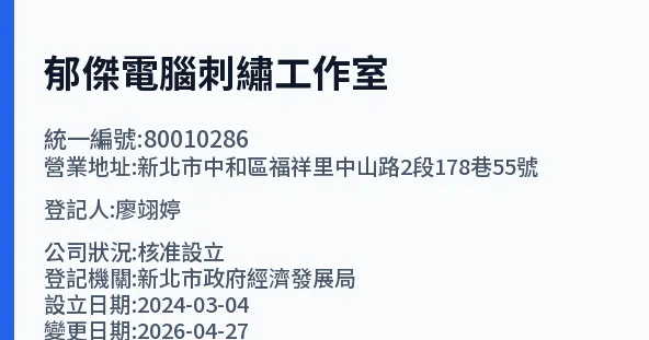 郁傑電腦刺繡工作室的照片-統編 80010286(新北市) 公司登記資料與營業項目詳細圖表