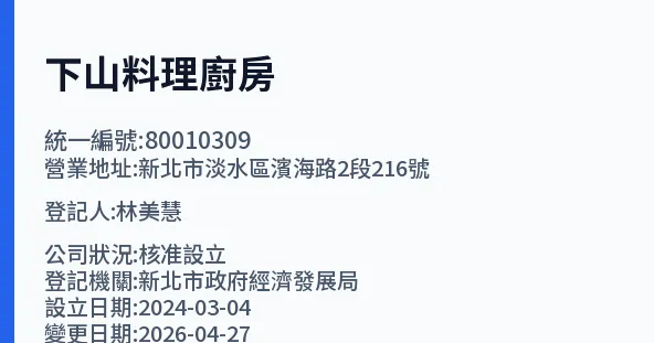 下山料理廚房的照片-統編 80010309(新北市) 公司登記資料與營業項目詳細圖表