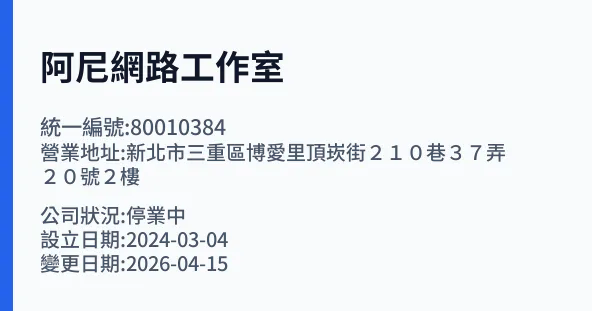 阿尼網路工作室的照片-統編 80010384(新北市) 公司登記資料與營業項目詳細圖表