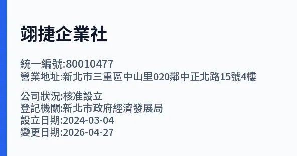 翊捷企業社的照片-統編 80010477(新北市) 公司登記資料與營業項目詳細圖表
