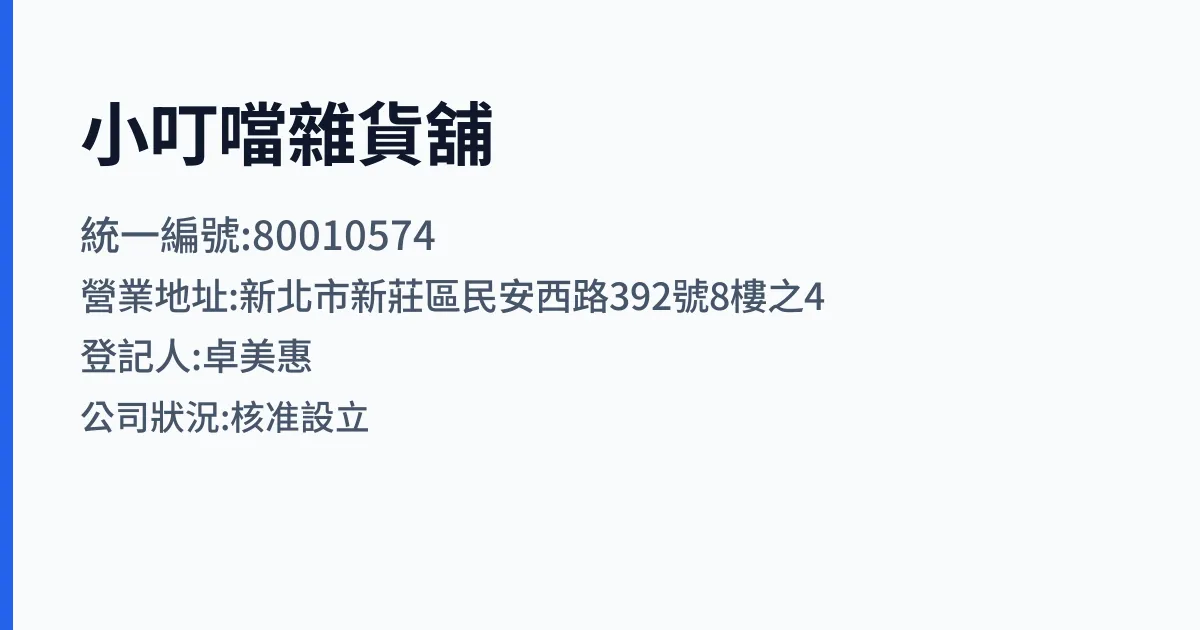小叮噹雜貨舖 - 統編 80010574(新北市) 公司登記資料與營業項目詳細圖表