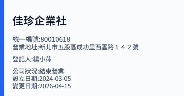 佳珍企業社的照片-統編 80010618(新北市) 公司登記資料與營業項目詳細圖表
