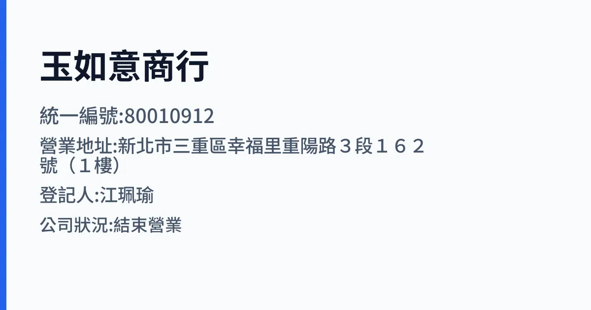 玉如意商行 - 統編 80010912(新北市) 公司登記資料與營業項目詳細圖表