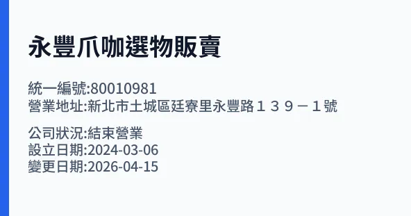 永豐爪咖選物販賣的照片-統編 80010981(新北市) 公司登記資料與營業項目詳細圖表