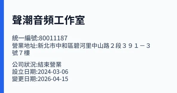 聲潮音頻工作室的照片-統編 80011187(新北市) 公司登記資料與營業項目詳細圖表