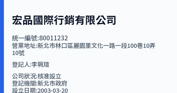 宏品國際行銷有限公司的照片-統編 80011232(新北市) 公司登記資料與營業項目詳細圖表