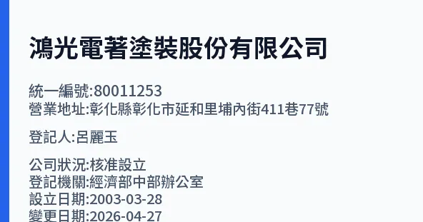 鴻光電著塗裝股份有限公司的照片-統編 80011253(彰化縣) 公司登記資料與營業項目詳細圖表