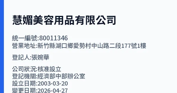 慧媚美容用品有限公司的照片-統編 80011346(新竹縣) 公司登記資料與營業項目詳細圖表