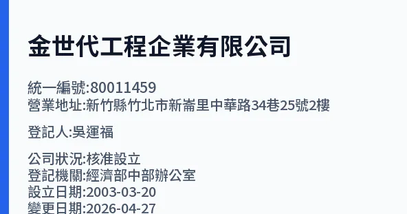 金世代工程企業有限公司的照片-統編 80011459(新竹縣) 公司登記資料與營業項目詳細圖表