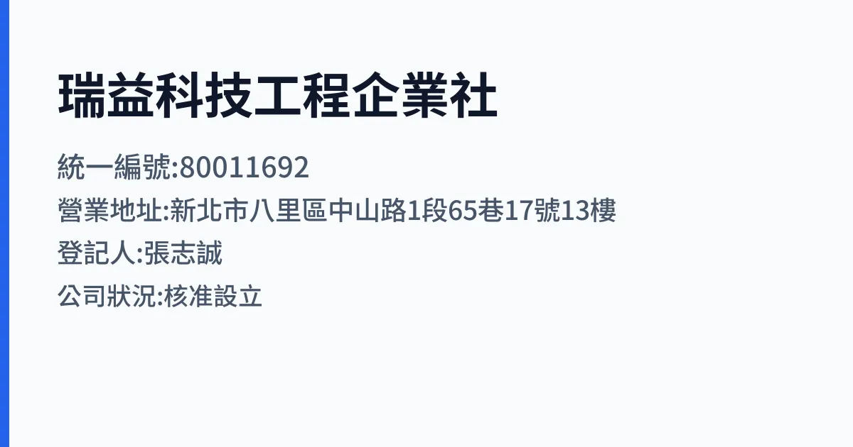 瑞益科技工程企業社 - 統編 80011692(新北市) 公司登記資料與營業項目詳細圖表