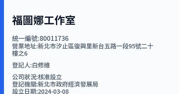 福圖娜工作室的照片-統編 80011736(新北市) 公司登記資料與營業項目詳細圖表