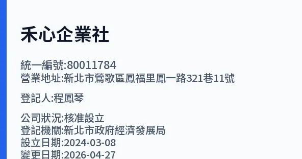 禾心企業社的照片-統編 80011784(新北市) 公司登記資料與營業項目詳細圖表