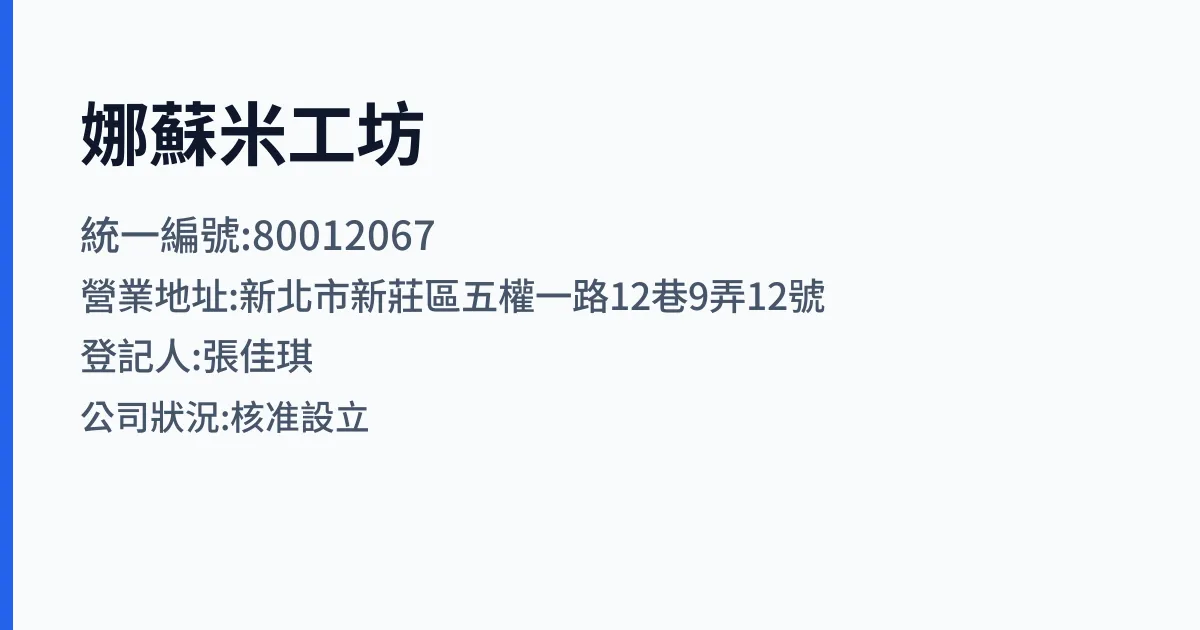 娜蘇米工坊 - 統編 80012067(新北市) 公司登記資料與營業項目詳細圖表