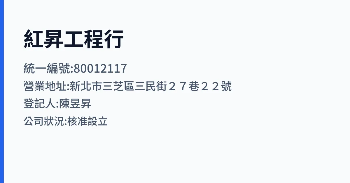 紅昇工程行 - 統編 80012117(新北市) 公司登記資料與營業項目詳細圖表