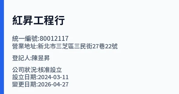 紅昇工程行的照片-統編 80012117(新北市) 公司登記資料與營業項目詳細圖表