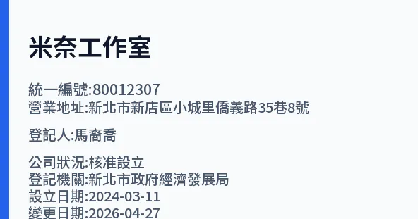 米奈工作室的照片-統編 80012307(新北市) 公司登記資料與營業項目詳細圖表
