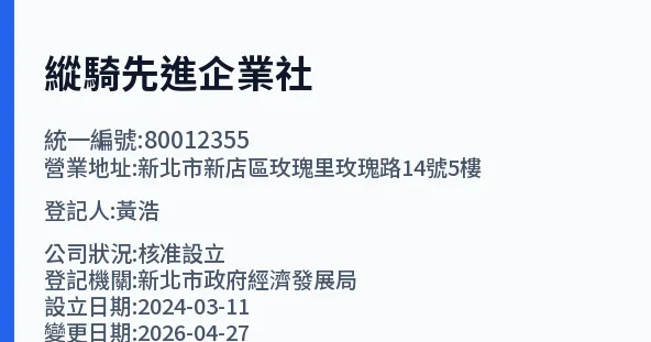 縱騎先進企業社的照片-統編 80012355(新北市) 公司登記資料與營業項目詳細圖表